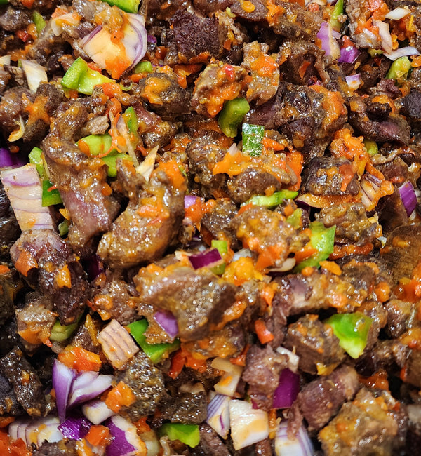 Asun-Spicy Goat Meat, half pan – Chef Lilian's Nigerian Foods